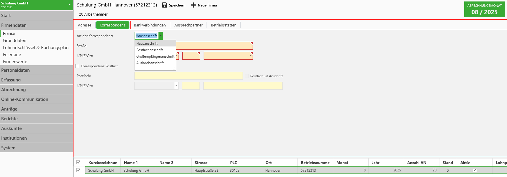 Abweichende Korrespondenz :: DATALINE Lohnabzug Handbuch